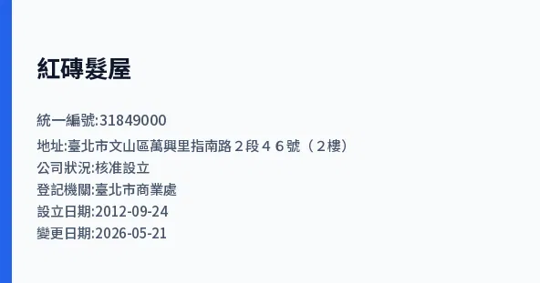 紅磚髮屋的照片-統編 31849000(臺北市) 公司登記資料與營業項目詳細圖表