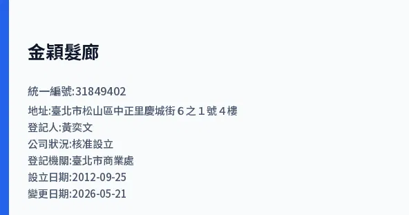 金穎髮廊的照片-統編 31849402(臺北市) 公司登記資料與營業項目詳細圖表