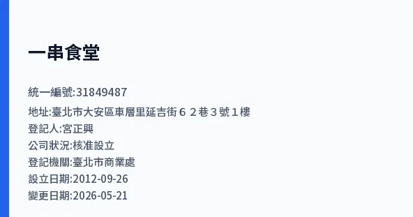 一串食堂的照片-統編 31849487(臺北市) 公司登記資料與營業項目詳細圖表