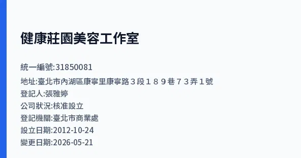 健康莊園美容工作室的照片-統編 31850081(臺北市) 公司登記資料與營業項目詳細圖表