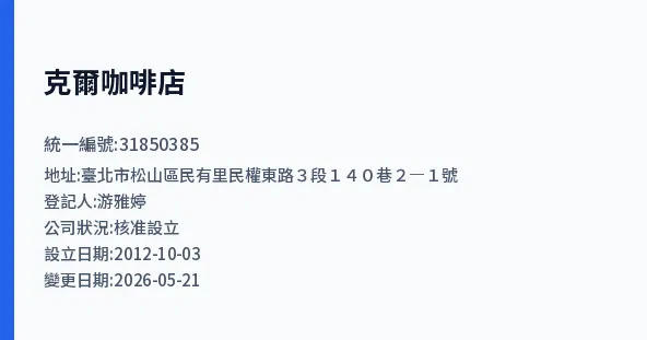 克爾咖啡店的照片-統編 31850385(臺北市) 公司登記資料與營業項目詳細圖表