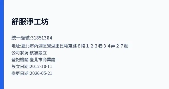 舒服淨工坊的照片-統編 31851384(臺北市) 公司登記資料與營業項目詳細圖表