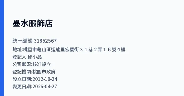 墨水服飾店的照片-統編 31852567(桃園市) 公司登記資料與營業項目詳細圖表