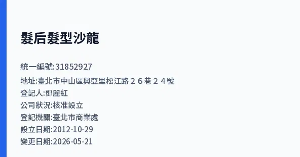 髮后髮型沙龍的照片-統編 31852927(臺北市) 公司登記資料與營業項目詳細圖表