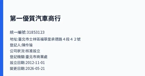 第一優質汽車商行的照片-統編 31853123(臺北市) 公司登記資料與營業項目詳細圖表
