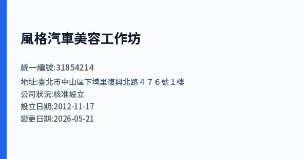 風格汽車美容工作坊的照片-統編 31854214(臺北市) 公司登記資料與營業項目詳細圖表