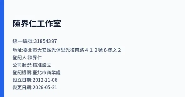 陳界仁工作室的照片-統編 31854397(臺北市) 公司登記資料與營業項目詳細圖表