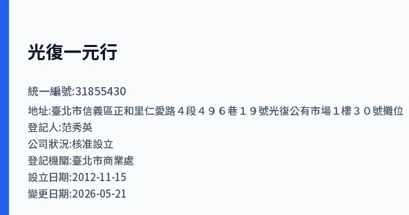 光復一元行的照片-統編 31855430(臺北市) 公司登記資料與營業項目詳細圖表