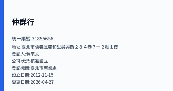 仲群行的照片-統編 31855656(臺北市) 公司登記資料與營業項目詳細圖表