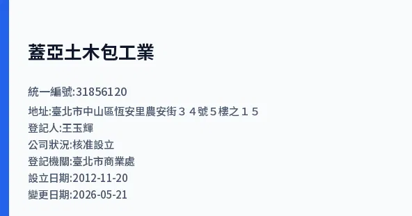 蓋亞土木包工業的照片-統編 31856120(臺北市) 公司登記資料與營業項目詳細圖表