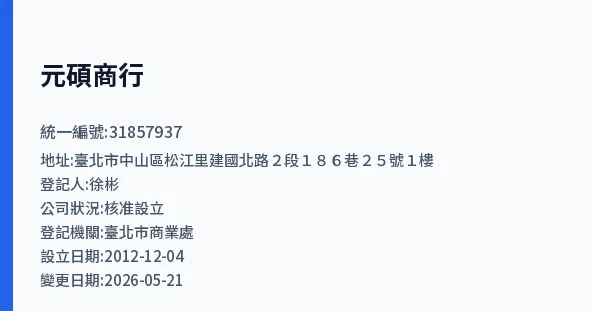 元碩商行的照片-統編 31857937(臺北市) 公司登記資料與營業項目詳細圖表