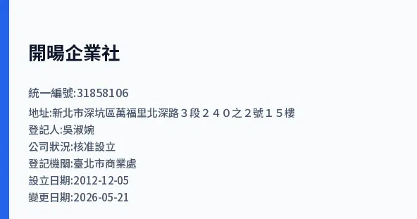 開暘企業社的照片-統編 31858106(新北市) 公司登記資料與營業項目詳細圖表