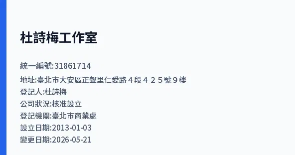 杜詩梅工作室的照片-統編 31861714(臺北市) 公司登記資料與營業項目詳細圖表