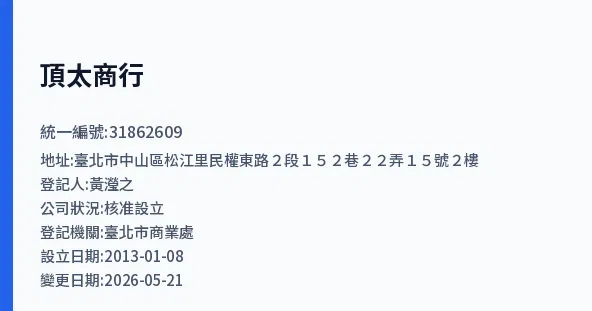 頂太商行的照片-統編 31862609(臺北市) 公司登記資料與營業項目詳細圖表