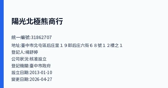 陽光北極熊商行的照片-統編 31862707(臺中市) 公司登記資料與營業項目詳細圖表