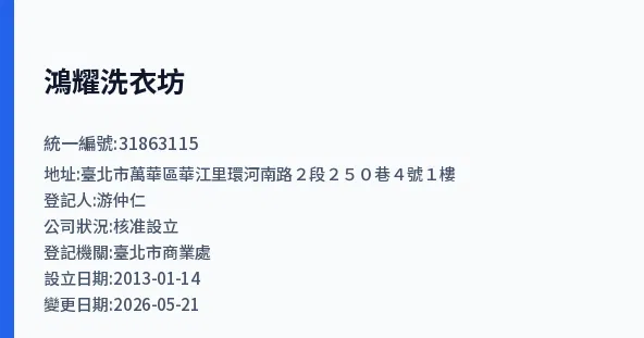 鴻耀洗衣坊的照片-統編 31863115(臺北市) 公司登記資料與營業項目詳細圖表