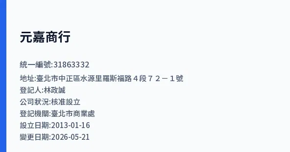 元嘉商行的照片-統編 31863332(臺北市) 公司登記資料與營業項目詳細圖表
