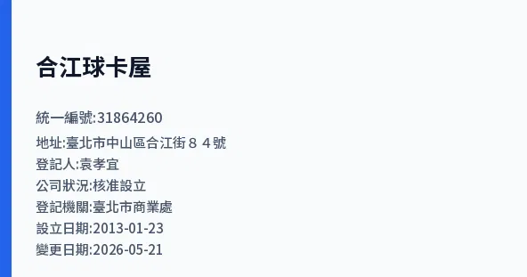 合江球卡屋的照片-統編 31864260(臺北市) 公司登記資料與營業項目詳細圖表