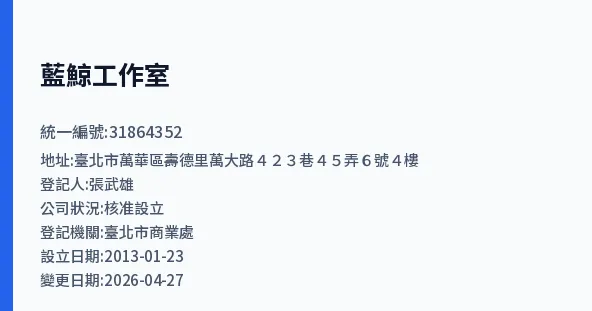 藍鯨工作室的照片-統編 31864352(臺北市) 公司登記資料與營業項目詳細圖表
