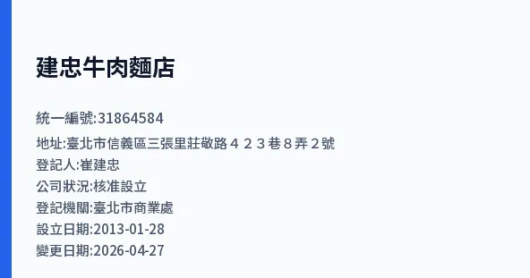 建忠牛肉麵店的照片-統編 31864584(臺北市) 公司登記資料與營業項目詳細圖表