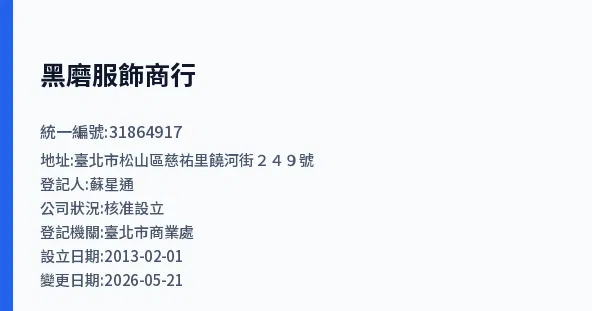 黑磨服飾商行的照片-統編 31864917(臺北市) 公司登記資料與營業項目詳細圖表