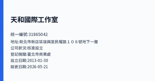 天和國際工作室的照片-統編 31865042(新北市) 公司登記資料與營業項目詳細圖表