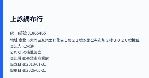 上詠綢布行的照片-統編 31865465(臺北市) 公司登記資料與營業項目詳細圖表
