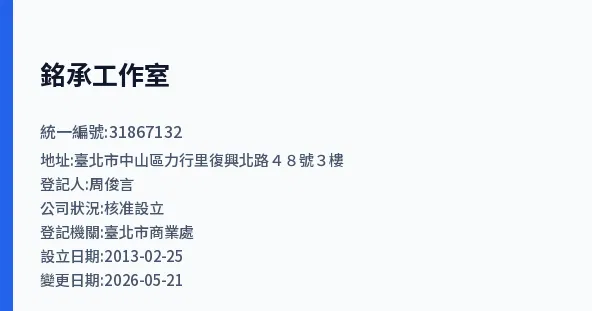 銘承工作室的照片-統編 31867132(臺北市) 公司登記資料與營業項目詳細圖表
