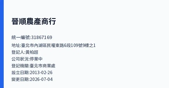 晉順農產商行的照片-統編 31867169(臺北市) 公司登記資料與營業項目詳細圖表