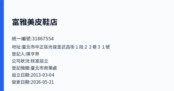 富雅美皮鞋店的照片-統編 31867554(臺北市) 公司登記資料與營業項目詳細圖表