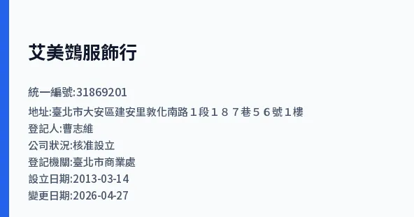 艾美鷑服飾行的照片-統編 31869201(臺北市) 公司登記資料與營業項目詳細圖表