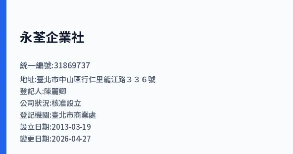 永荃企業社的照片-統編 31869737(臺北市) 公司登記資料與營業項目詳細圖表