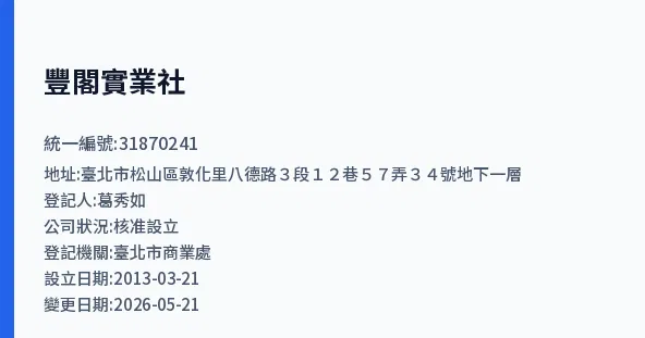 豐閣實業社的照片-統編 31870241(臺北市) 公司登記資料與營業項目詳細圖表