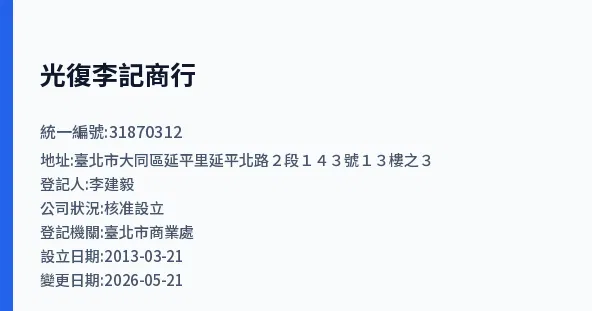光復李記商行的照片-統編 31870312(臺北市) 公司登記資料與營業項目詳細圖表