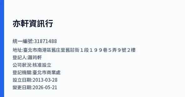 亦軒資訊行的照片-統編 31871488(臺北市) 公司登記資料與營業項目詳細圖表