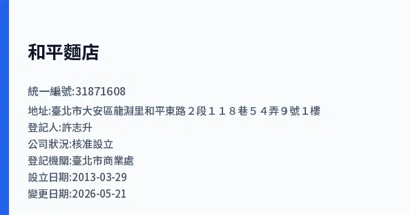和平麵店的照片-統編 31871608(臺北市) 公司登記資料與營業項目詳細圖表