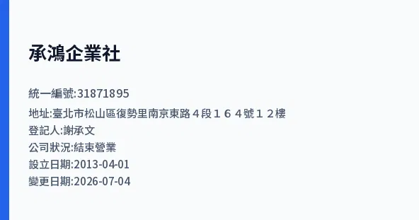 承鴻企業社的照片-統編 31871895(臺北市) 公司登記資料與營業項目詳細圖表