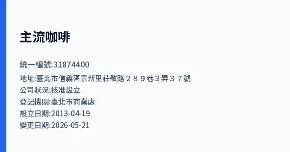 主流咖啡的照片-統編 31874400(臺北市) 公司登記資料與營業項目詳細圖表