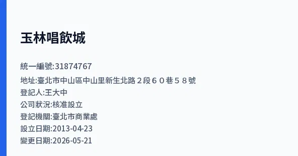 玉林唱飲城的照片-統編 31874767(臺北市) 公司登記資料與營業項目詳細圖表