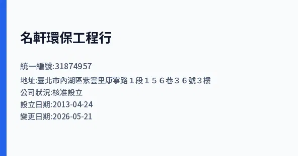 名軒環保工程行的照片-統編 31874957(臺北市) 公司登記資料與營業項目詳細圖表