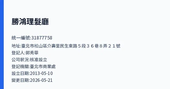 勝鴻理髮廳的照片-統編 31877758(臺北市) 公司登記資料與營業項目詳細圖表