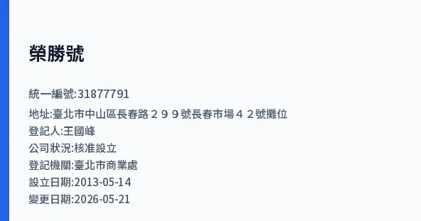 榮勝號的照片-統編 31877791(臺北市) 公司登記資料與營業項目詳細圖表
