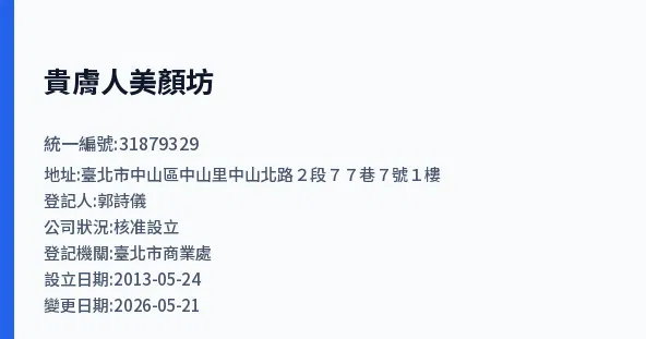 貴膚人美顏坊的照片-統編 31879329(臺北市) 公司登記資料與營業項目詳細圖表