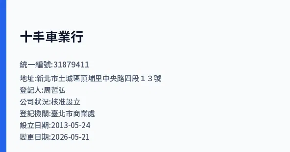 十丰車業行的照片-統編 31879411(新北市) 公司登記資料與營業項目詳細圖表