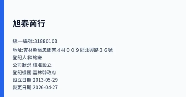 旭泰商行的照片-統編 31880108(雲林縣) 公司登記資料與營業項目詳細圖表