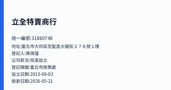 立全特賣商行的照片-統編 31880748(臺北市) 公司登記資料與營業項目詳細圖表