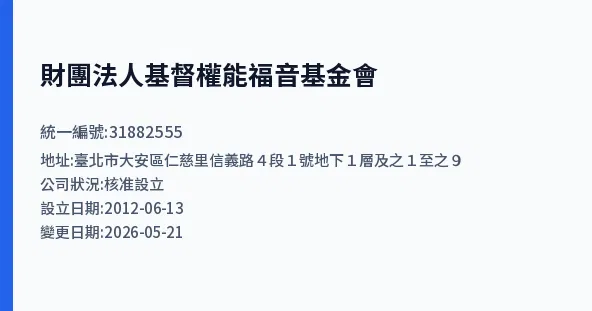 財團法人基督權能福音基金會的照片-統編 31882555(臺北市) 公司登記資料與營業項目詳細圖表
