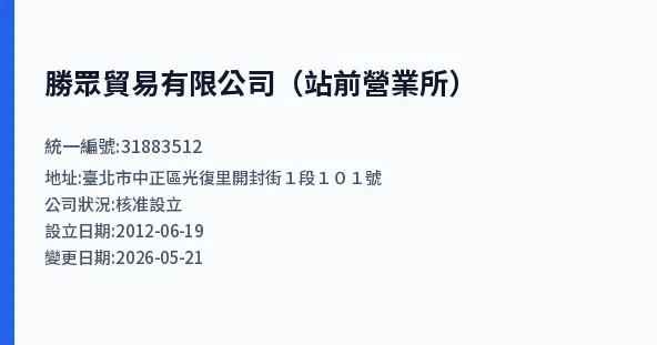 勝眾貿易有限公司(站前營業所)的照片-統編 31883512(臺北市) 公司登記資料與營業項目詳細圖表