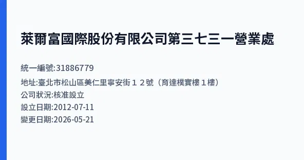 萊爾富國際股份有限公司第三七三一營業處的照片-統編 31886779(臺北市) 公司登記資料與營業項目詳細圖表
