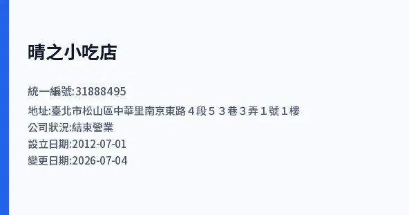 晴之小吃店的照片-統編 31888495(臺北市) 公司登記資料與營業項目詳細圖表